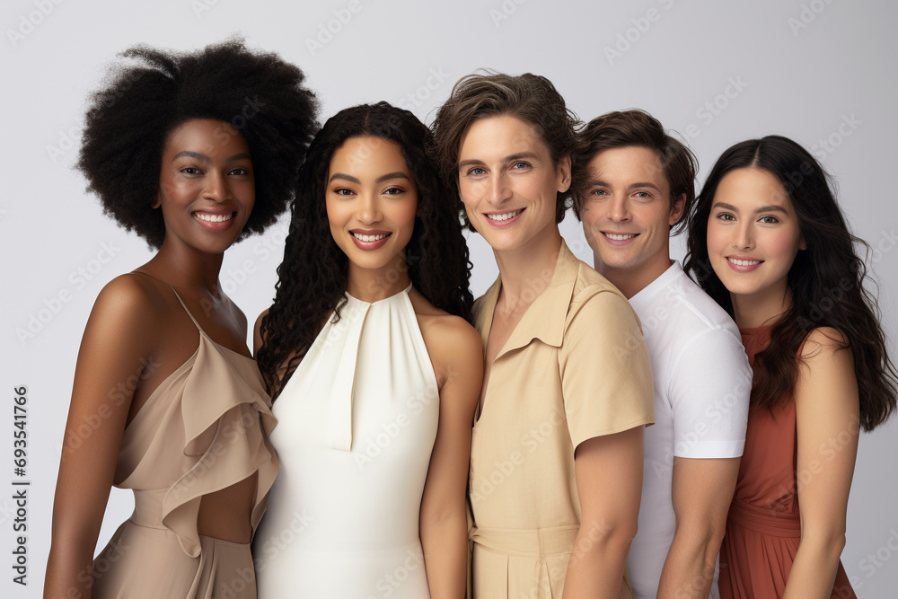Different races are happily posing side by side in front of a white ...