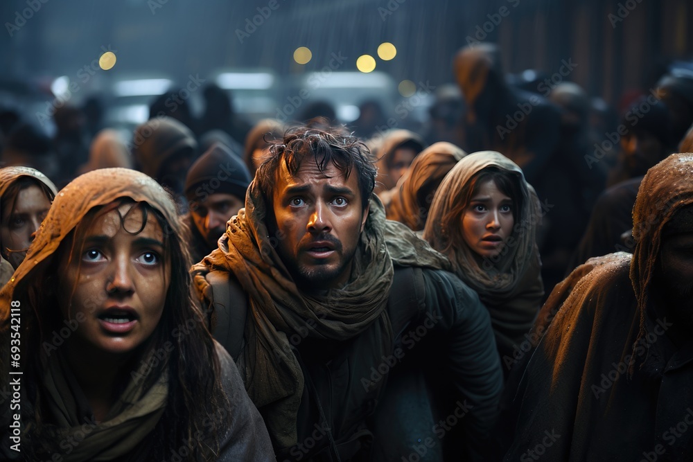 Group of scared refugees at a border, their faces etched with fear as ...