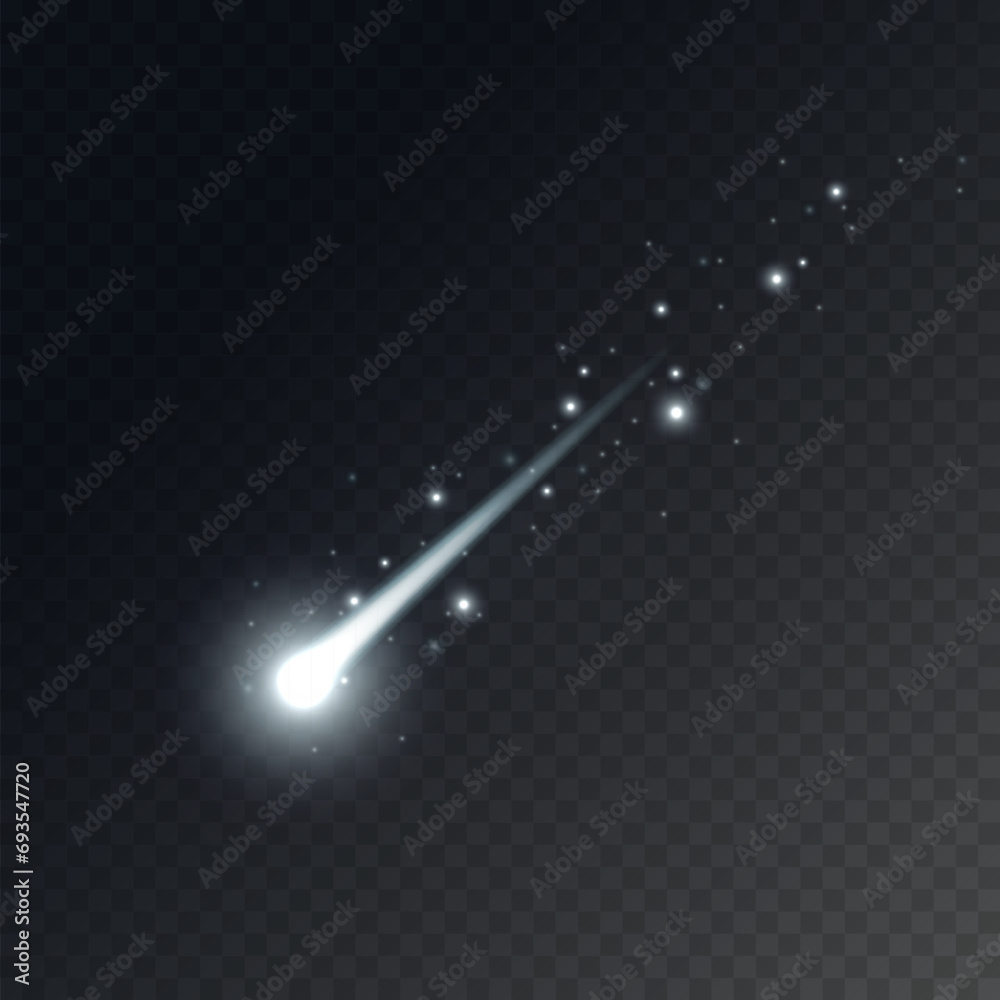 Comet shooting effect and flying asteroid, star in space. White falling ...