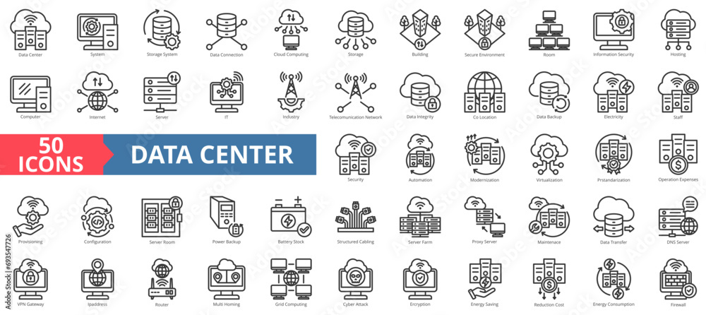 Data center icon collection set. Containing cloud computing,security,hosting,computer,internet ...
