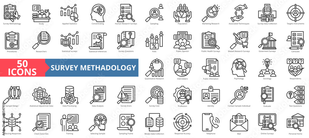 Survey methodology icon collection set. Containing study,data ...