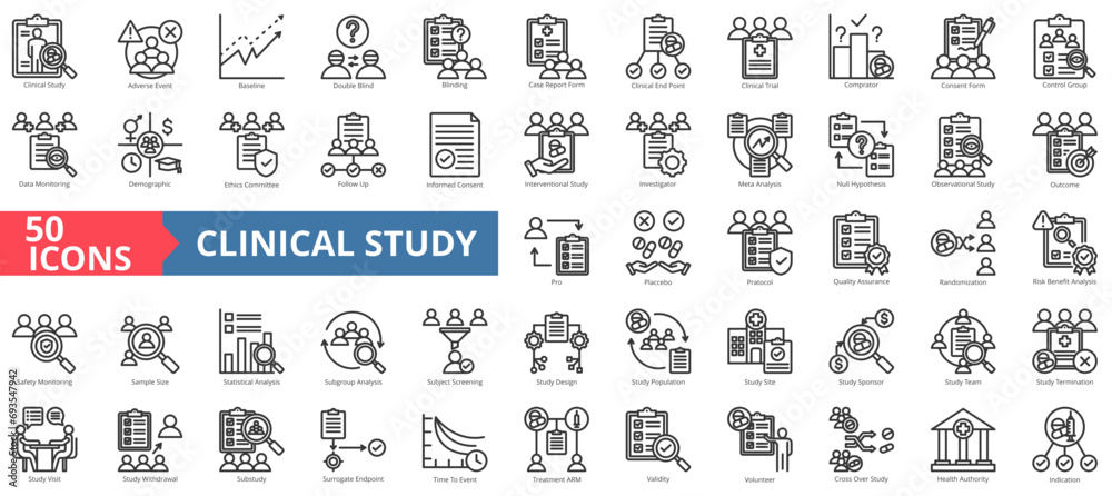 Clinical study icon collection set. Containing adverse event,baseline ...