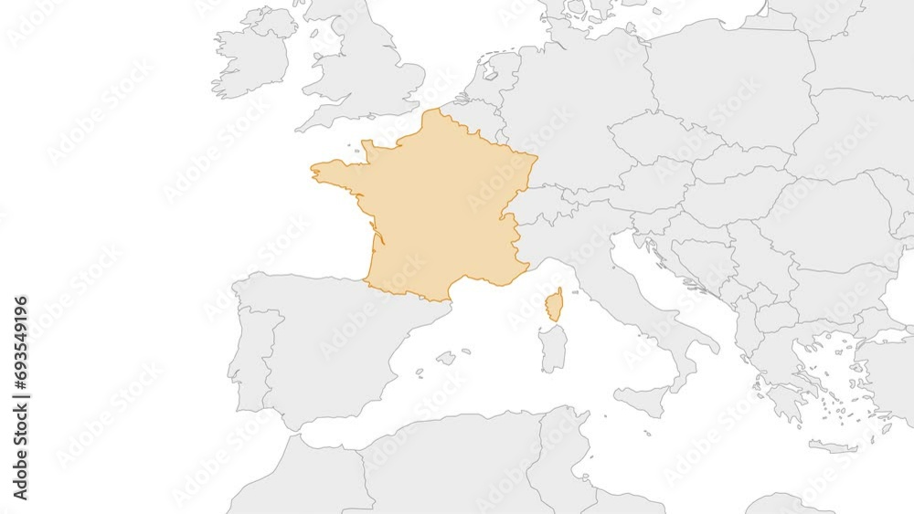 Animation of France country map on the world map. Animation of map zoom ...