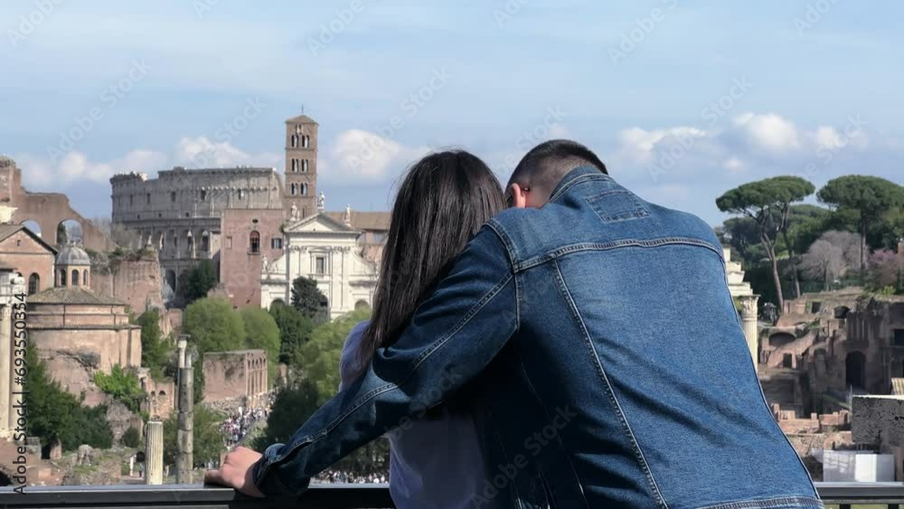 Romantic honeymoon couple exchange love emotions hugging at visit of ...