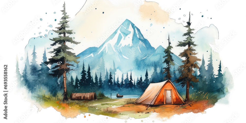 Camping in the forest. Watercolor painting of tent in mountain forest ...