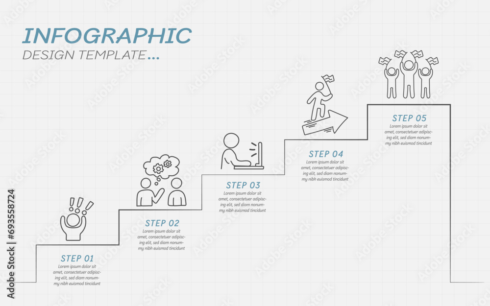 Doodle infographic stairs template. 5 Step timeline journey. Working ...