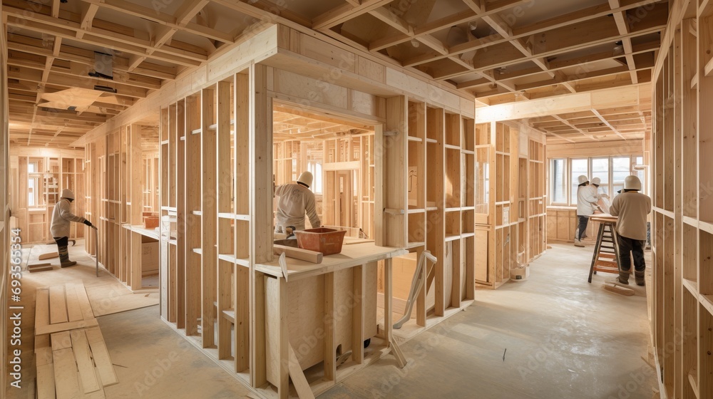 Step by step installation of wooden house frame with workers and ...