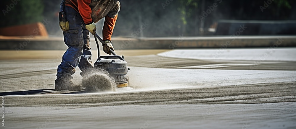 Construction workers leveling concrete pavement. Stock Illustration ...
