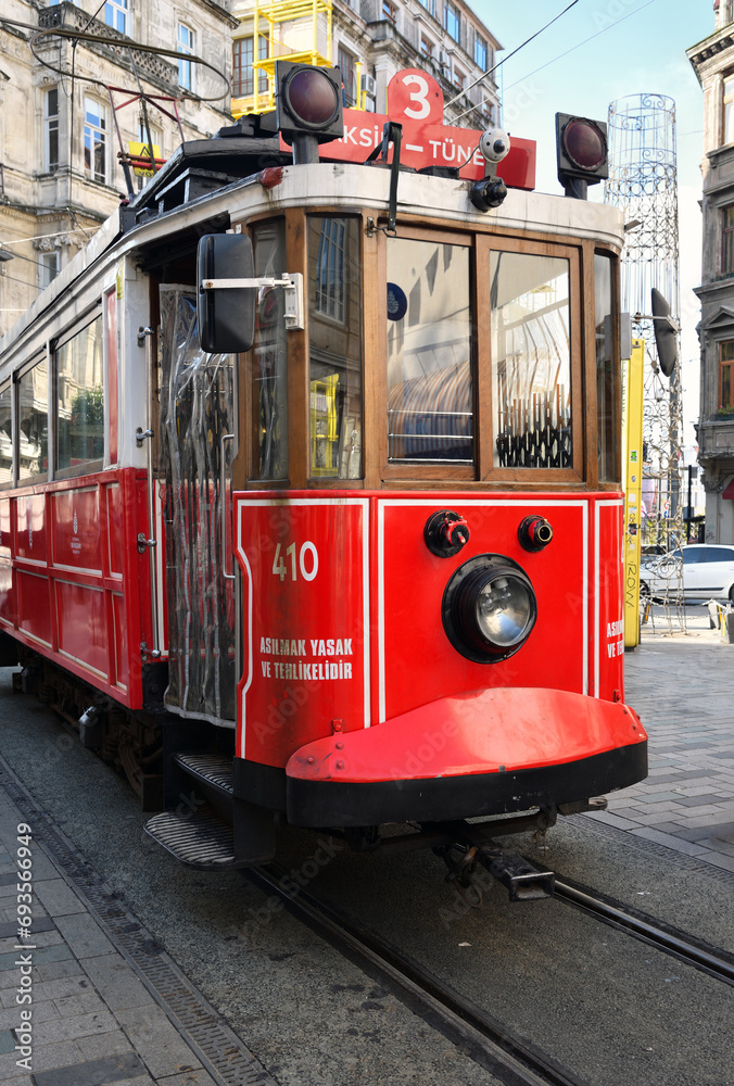 Istanbul, Turkey - December 10, 2023: Historic red tram carrying people ...