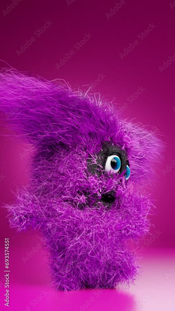 Purple furry cartoon character Funny dancing furry creature on a purple ...