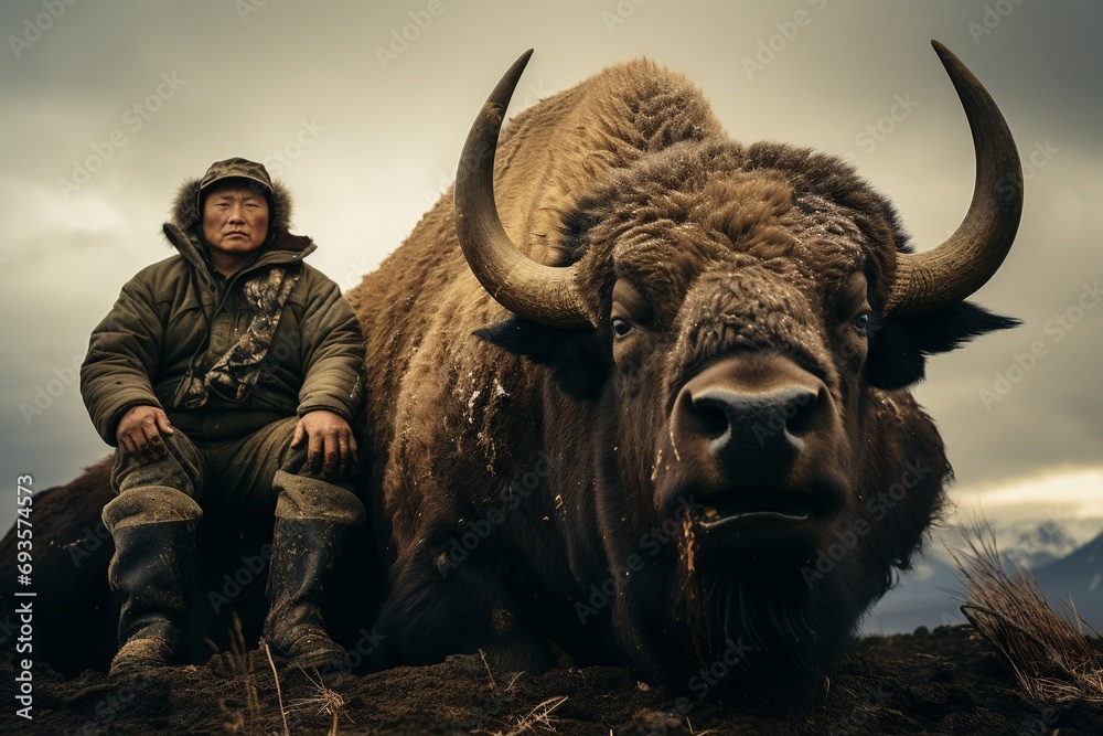 Experience the exhilarating pursuit as a bison hunter tracks fresh ...