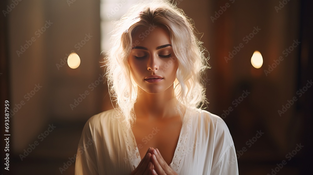 The picture depicts a young woman in a white dress who is hopeful and ...