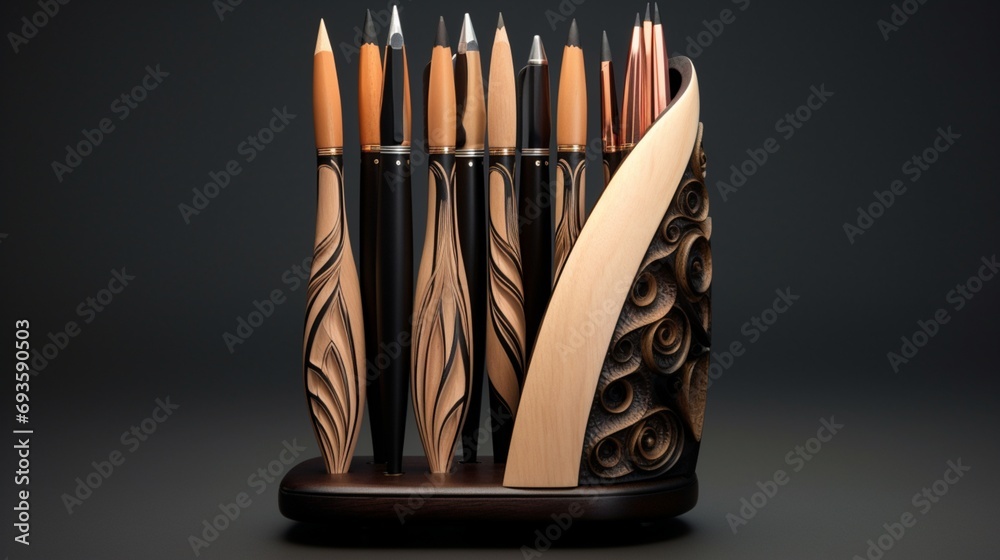An elegant pen holder showcasing an array of stylish pens, each a tool ...