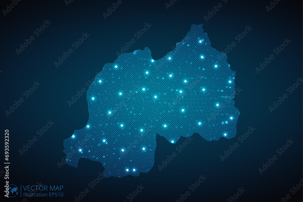 Rwanda map radial dotted pattern in futuristic style, design blue ...