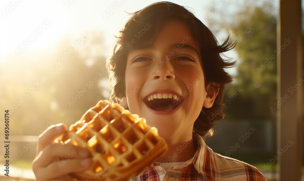 Hungry child eating Belgian waffle, beautiful sunny day, happy time for ...