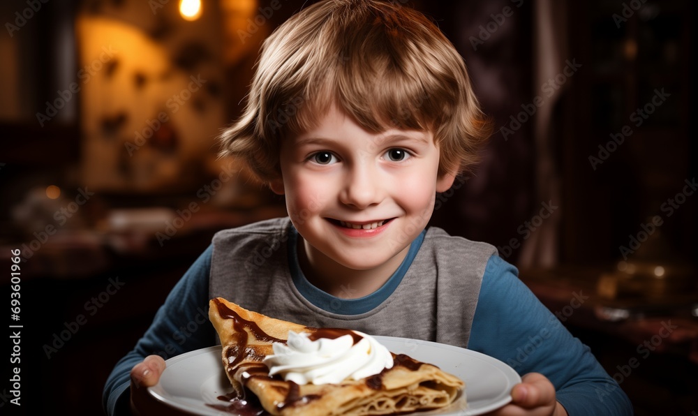 Cute child holding a plate of French crepe pancake, chocolate sauce and ...