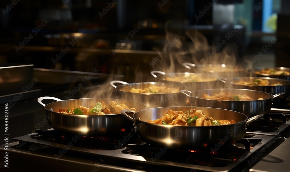 cooking meal in restaurant, cafeteria or canteen kitchen, cook for ...