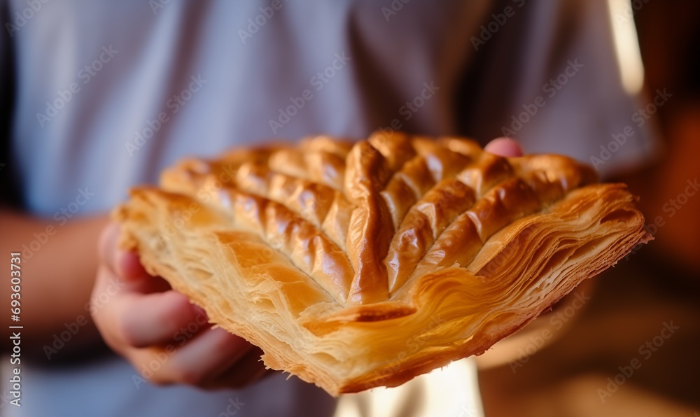 Hand holding a serving of French traditional galette des rois to ...