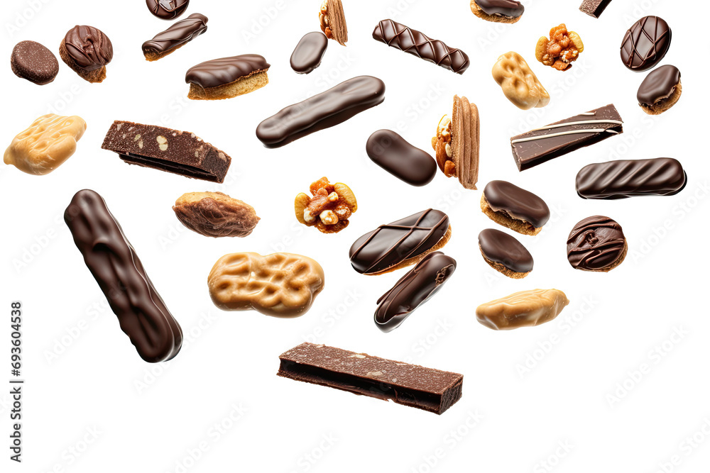 Various types of chocolate falling with choc flake in the air isolated ...
