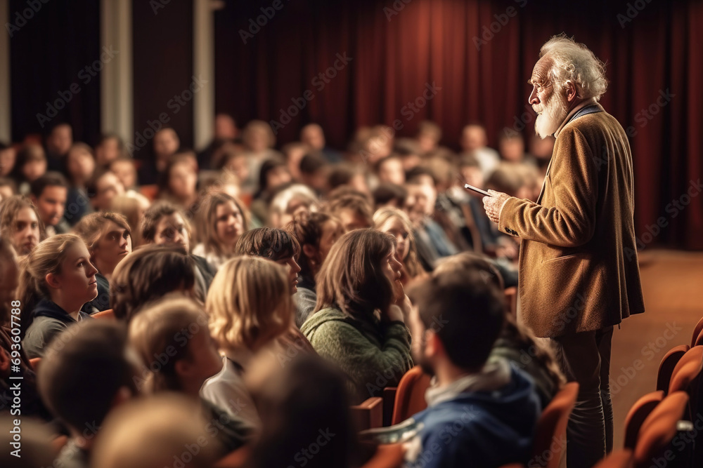 Lecture in a university auditorium to a group of students by a gray ...