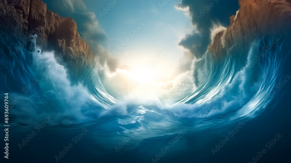 Ocean separate up to form canal. Bible miracle of Moses parting red sea ...
