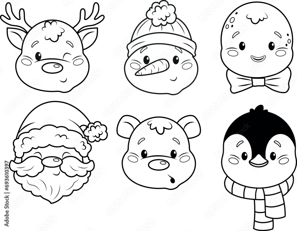 set of christmas cartoon characters, outline vector illustration of ...
