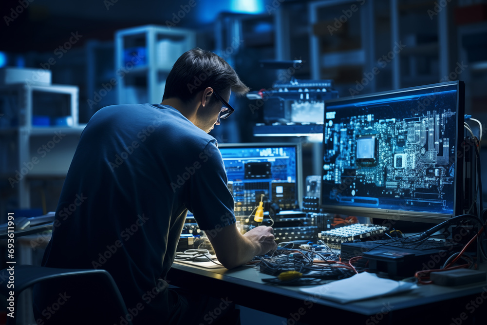 Electrical engineer soldering details in electronics equipment ...