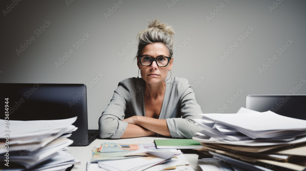 Woman looking overwhelmed and stressed while sitting at a desk piled ...