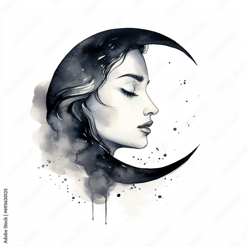 Moon Elegance: Chic Hand-Drawn Illustration with High Contrast Black ...