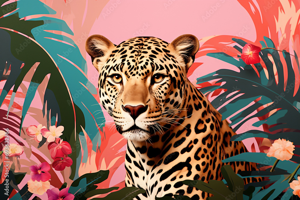 leopard in leaves and tropical flowers on the pink background created ...