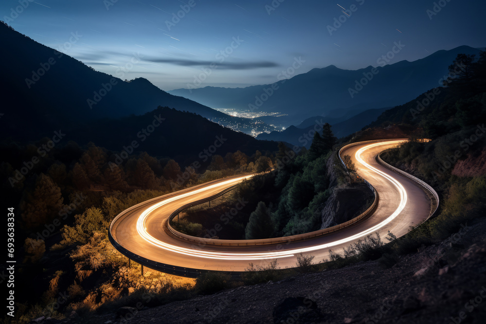 Aerial panoramic view of curvy mountain road with trailing lights at ...