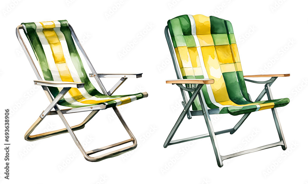 Folded lawn chair, watercolor clipart illustration with isolated ...