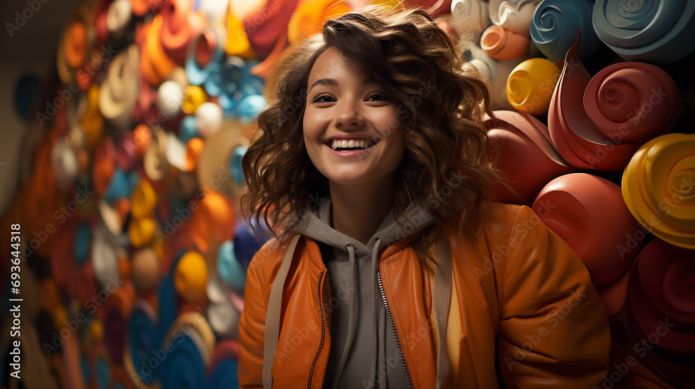Girl wearing giggle standing in front of her artistic creation on wall ...