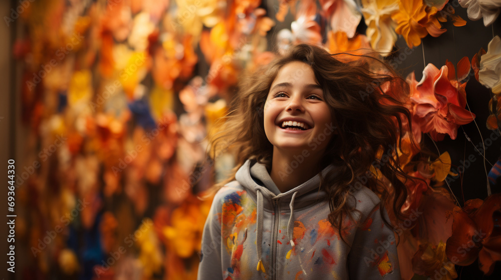 Girl wearing giggle standing in front of her artistic creation on wall ...