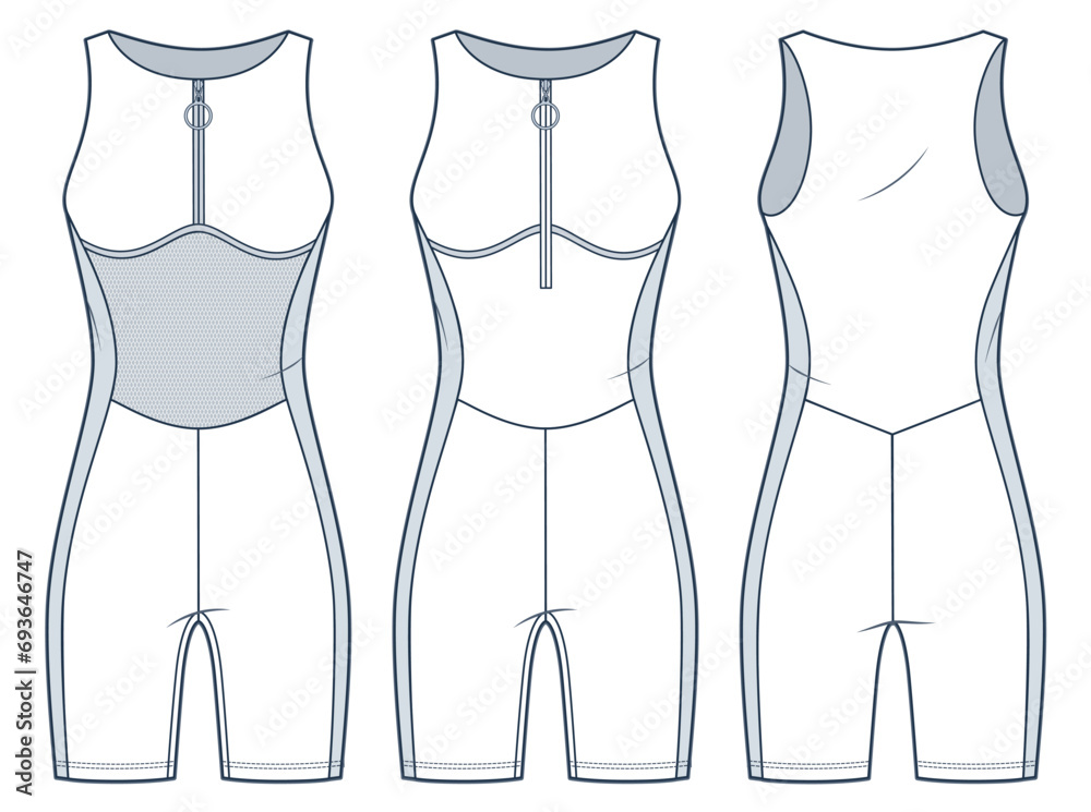 Sports Bodysuit with mesh trim technical fashion illustration. One ...