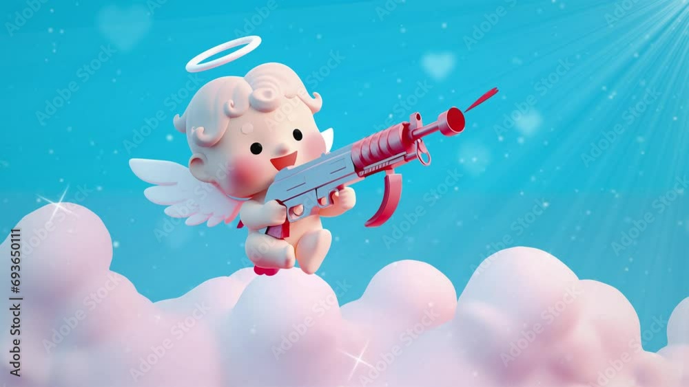 Sculpture Of Cupids Hold A Big Gun Shooting Red Small Hearts on Pastel ...