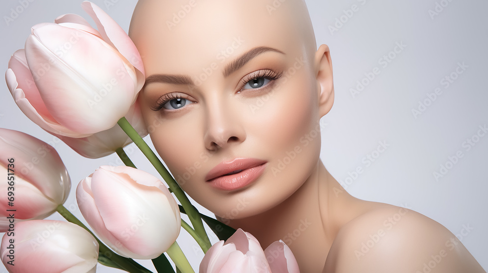 Beautiful young woman with bald head after chemotherapy on isolated white background with white ...
