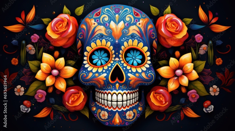 Mexican Halloween. Day of the Dead Skulls with Ornaments and Roses. Dia ...