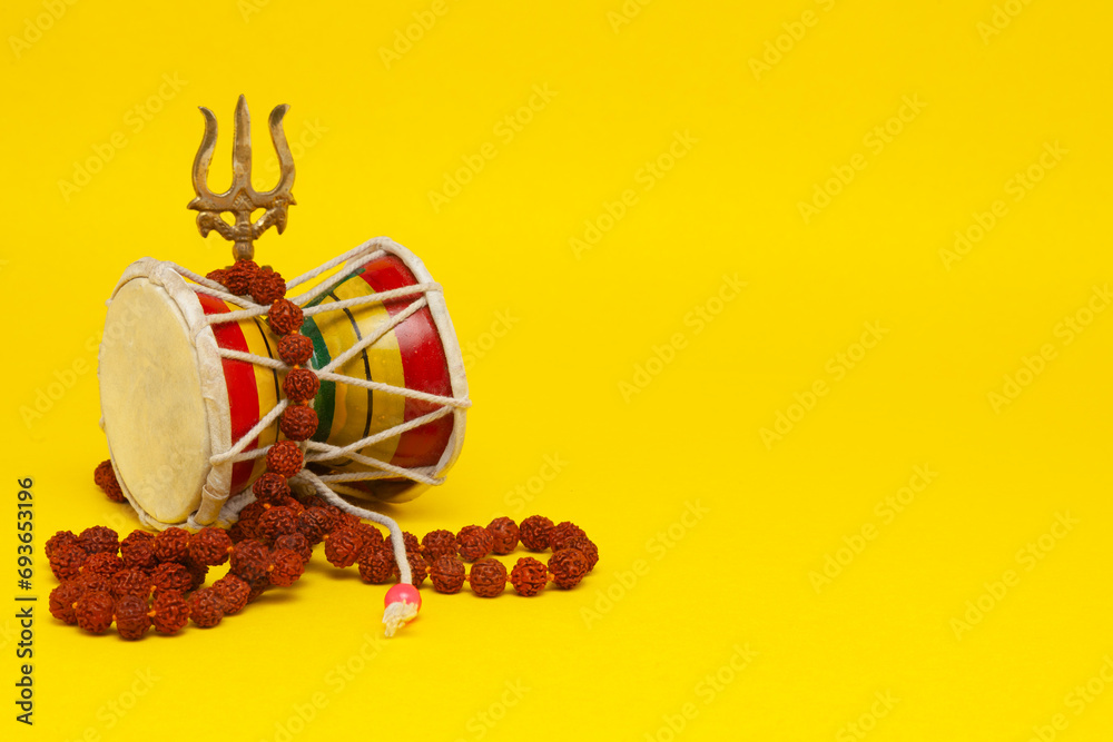 Lord Shivas Damaru or a two-headed Drum musical instrument, Trident or ...