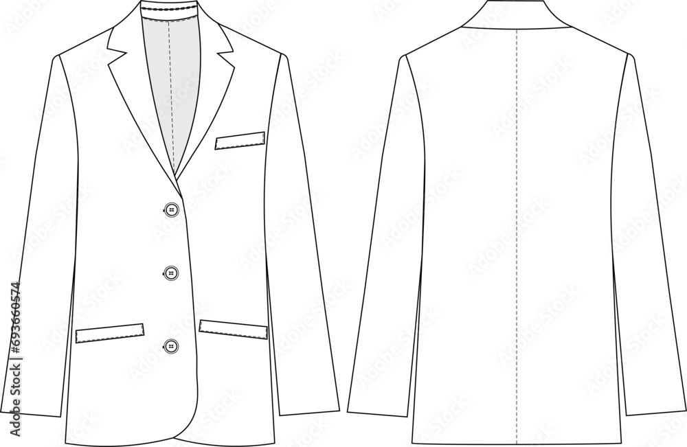 buttoned welt pocket blazer woman jacket template technical drawing ...