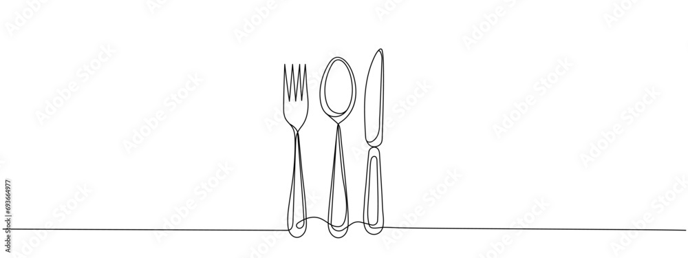 Continuous one line drawing. restaurant logo. knife, fork and spoon ...