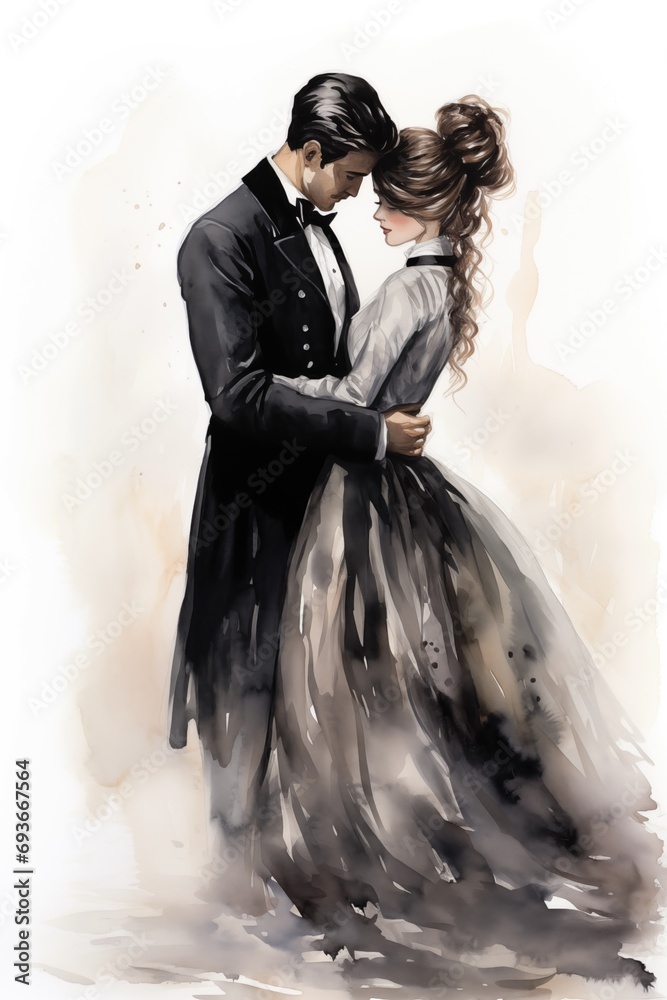 Watercolor illustration of a historical Victorian couple embracing in ...