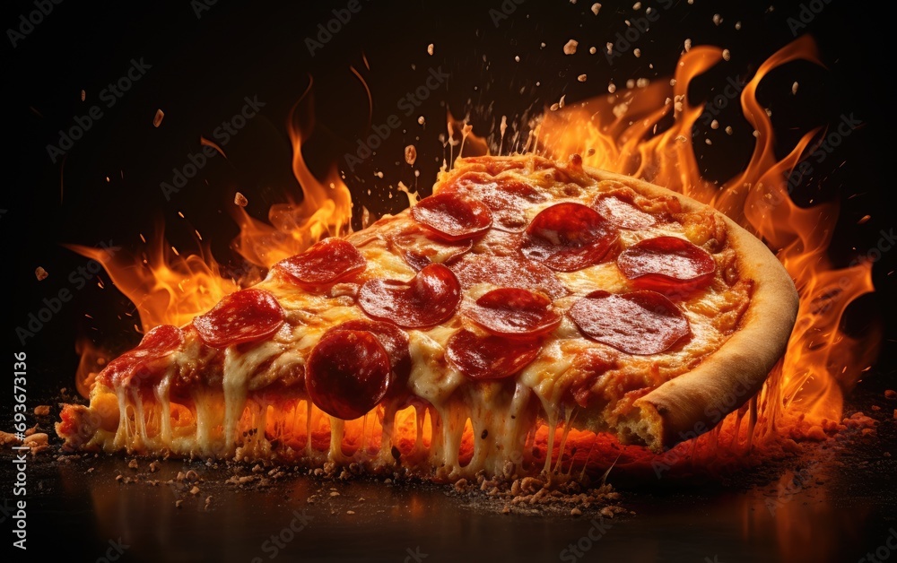Slice pepperoni pizza on a fire background Stock Photo | Adobe Stock