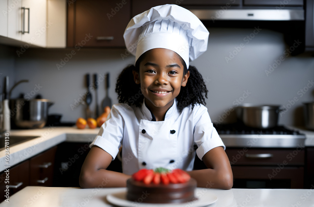 Black child wearing chef clothes in the kitchen. Girl embracing future ...