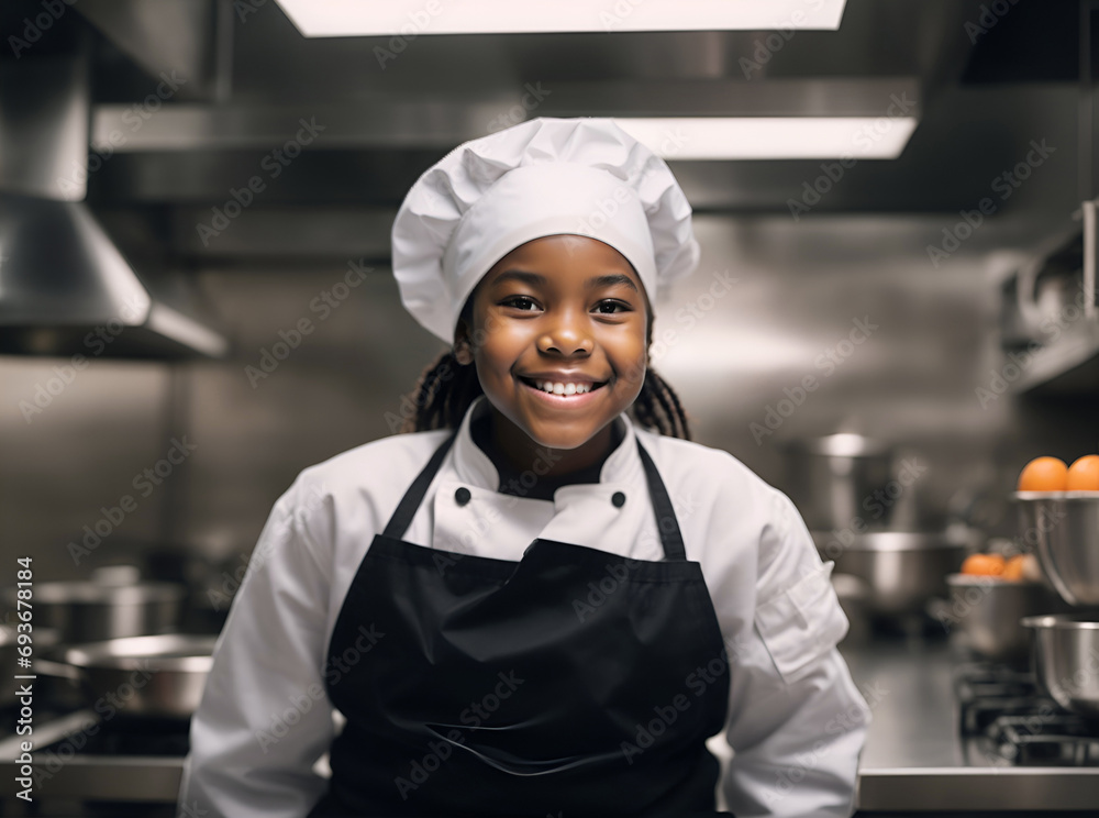 Black child wearing chef clothes in the kitchen. Girl embracing future ...