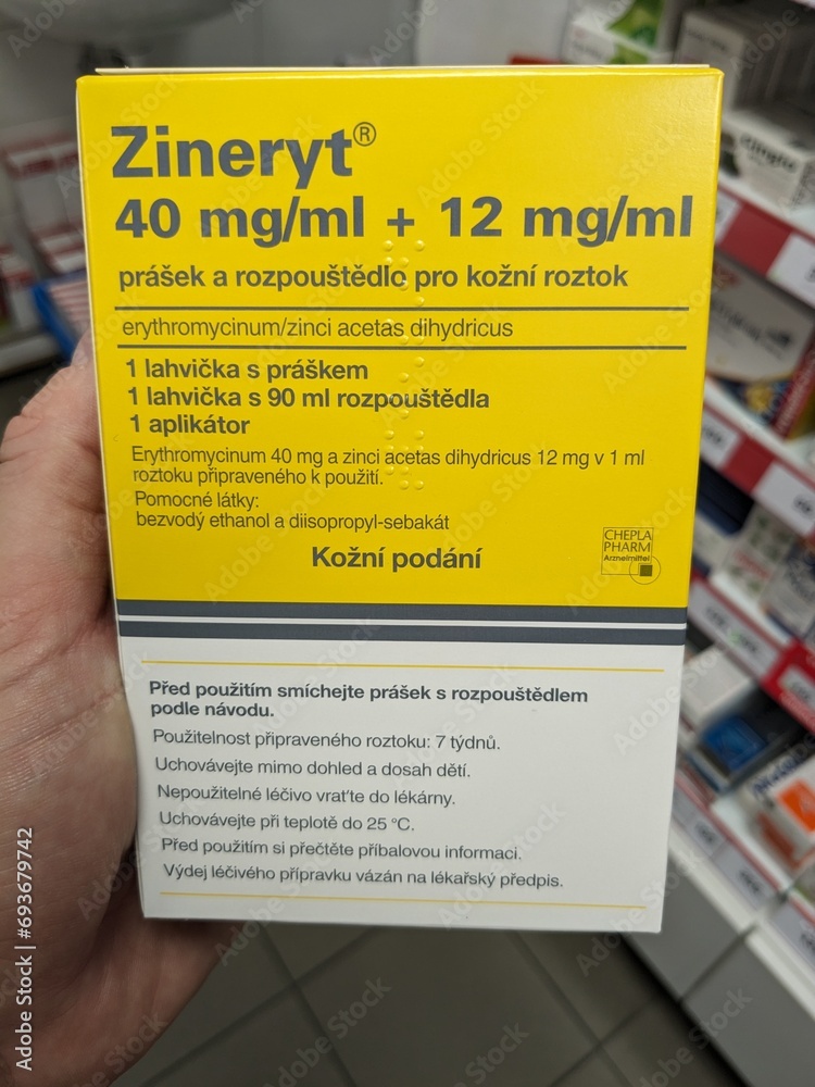 Prague, Czech Republic - July 10 2024: ZINERYT box of medication with ...