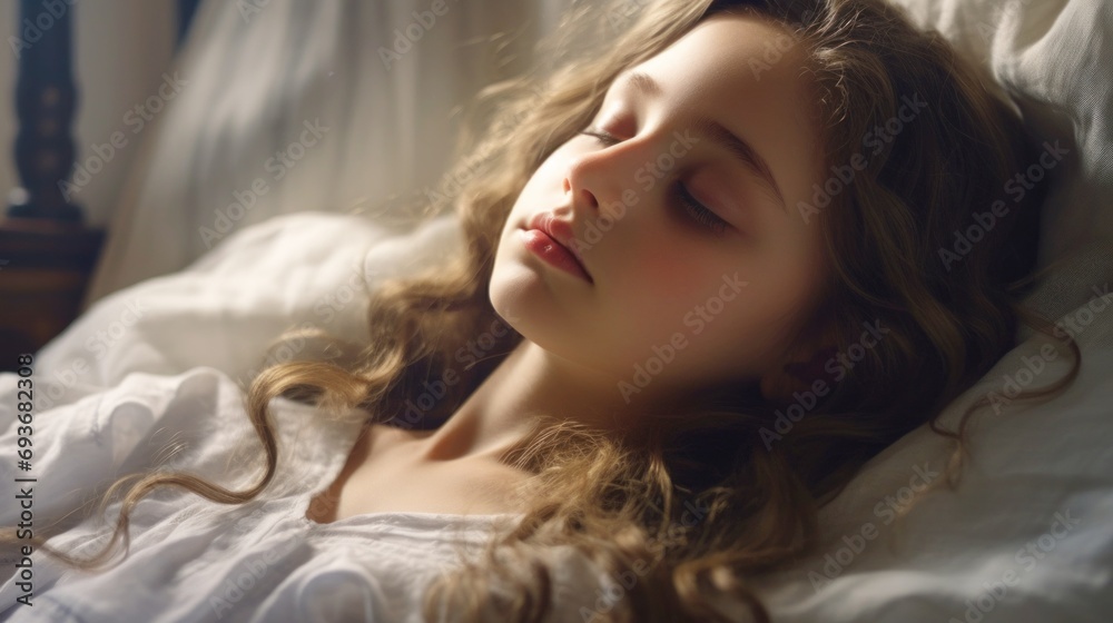 Restful Slumber. Sleeping cute girl lies with her eyes closed, immersed ...