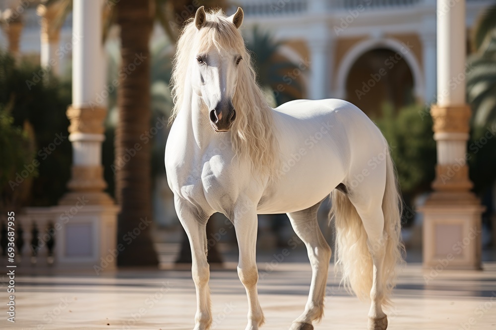 Andalusian horse with white coat color and light mane. Concept: Unique ...