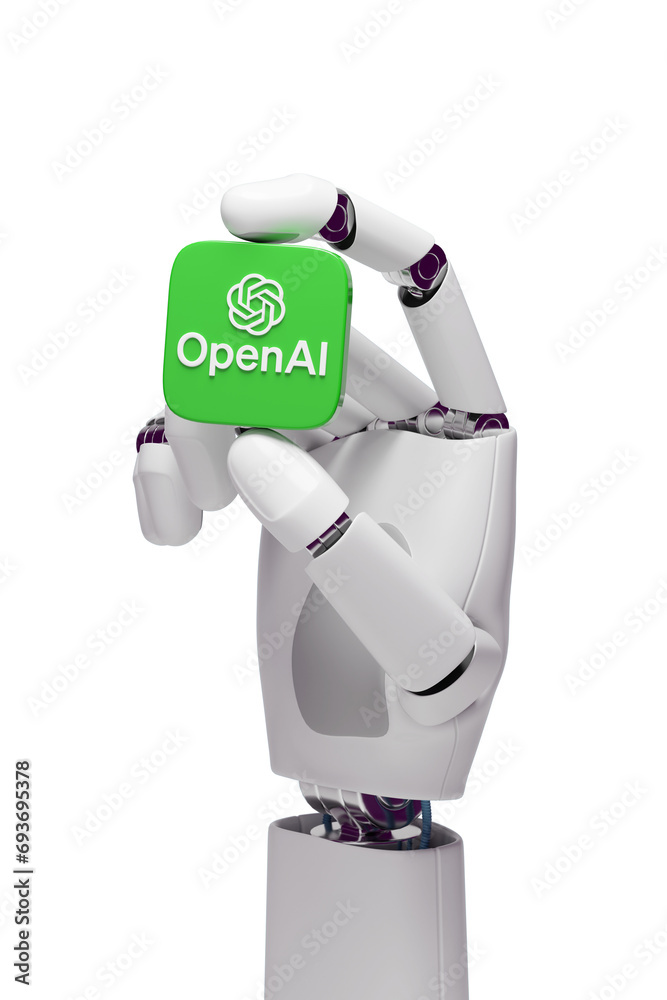 Robotic hand holding OpenAi logo isolated on white background. Stock ...