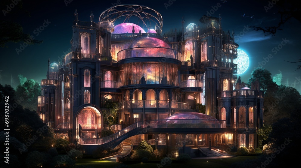 An opulent circular mansion, with its balconies and archways glowing in ...